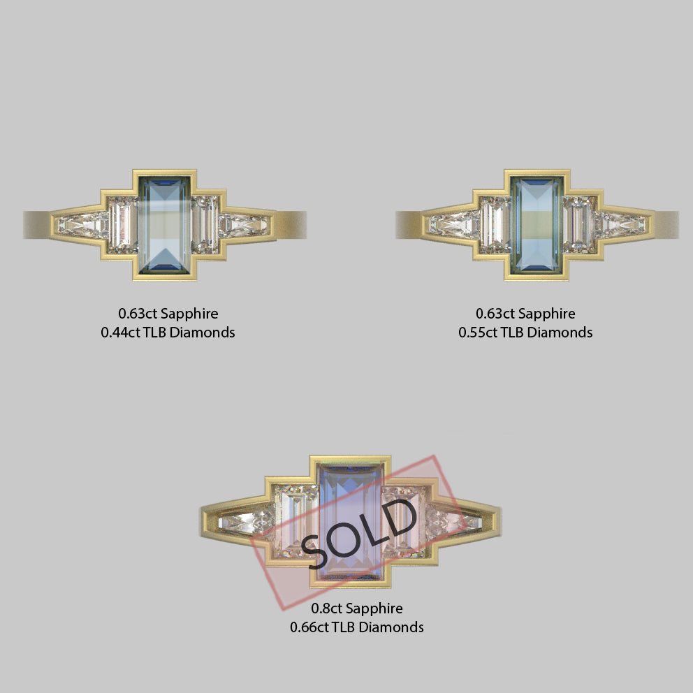 Parti Sapphire Art Deco Ring with TLB Diamonds and a Golden Bezel - OO ...