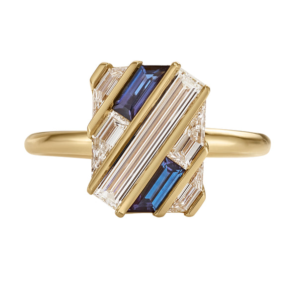 Quilted Lab Grown Diamond & Sapphire Gold Bar Engagement Ring – ARTEMER