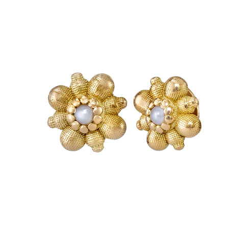 Dainty Gold Flower Stud Earrings with White Seed Pearl ARTEMER